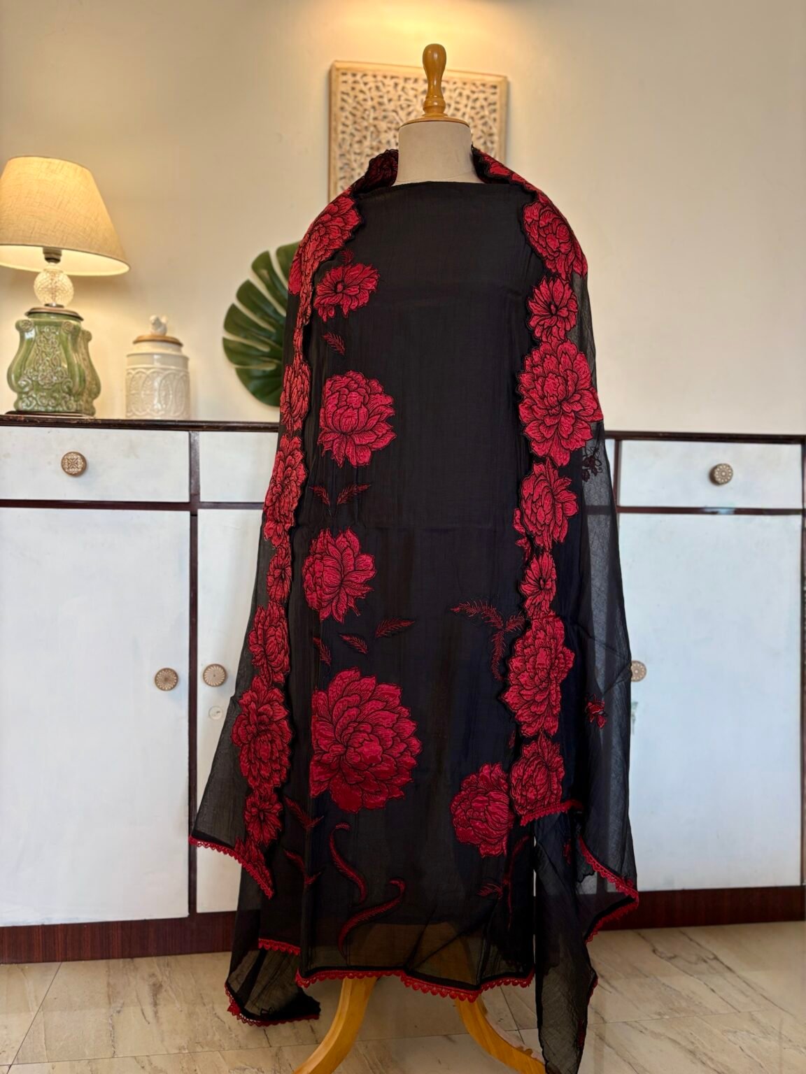 Applique and Embroidered Pure Chanderi Mul Salwars by Ikhtirah (Black ...