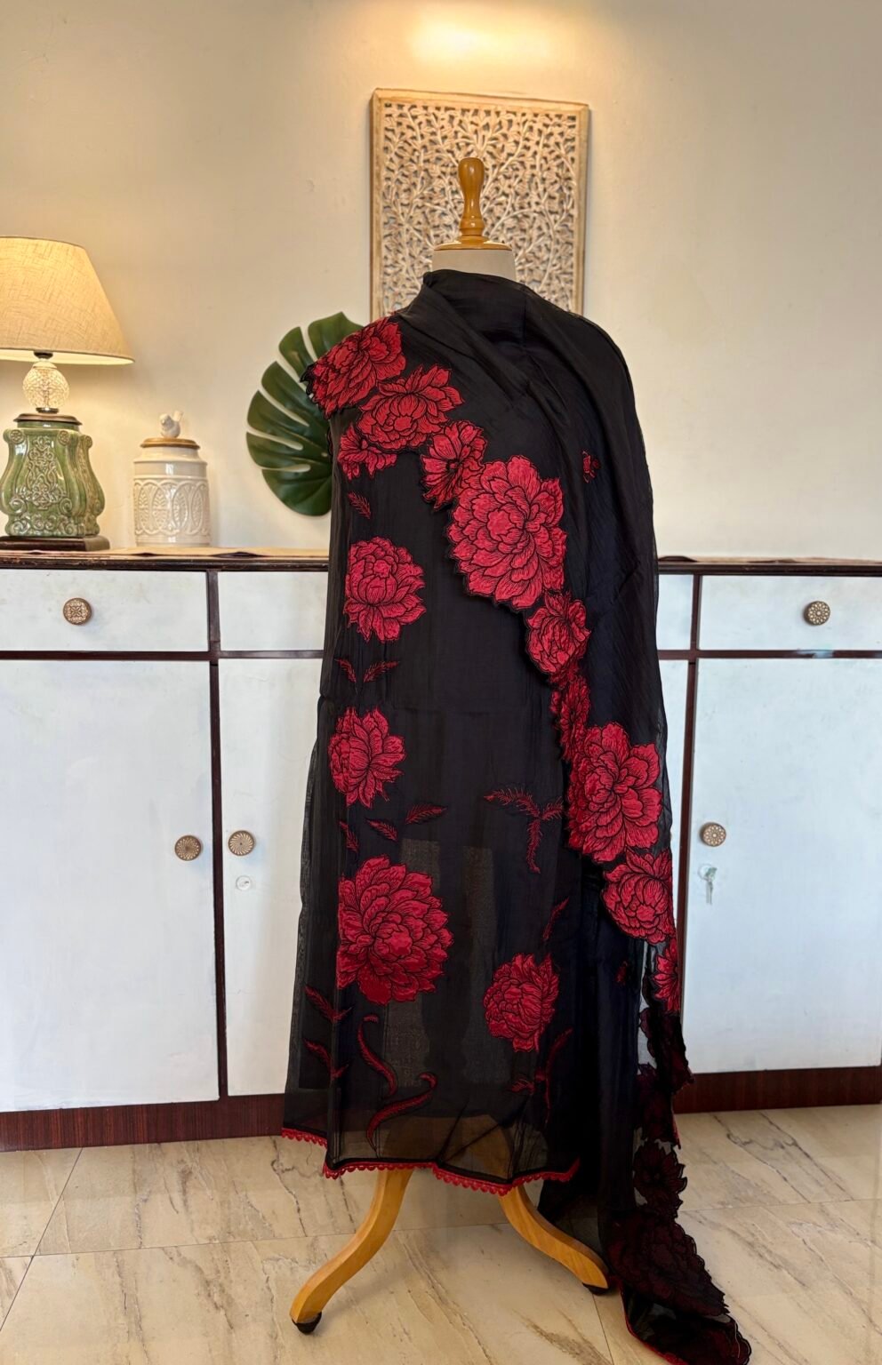 Applique and Embroidered Pure Chanderi Mul Salwars by Ikhtirah (Black ...